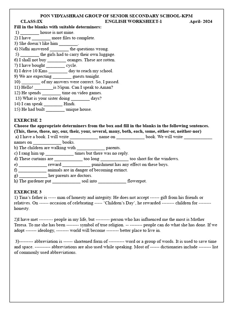 Class 9 Determiners Worksheet | PDF