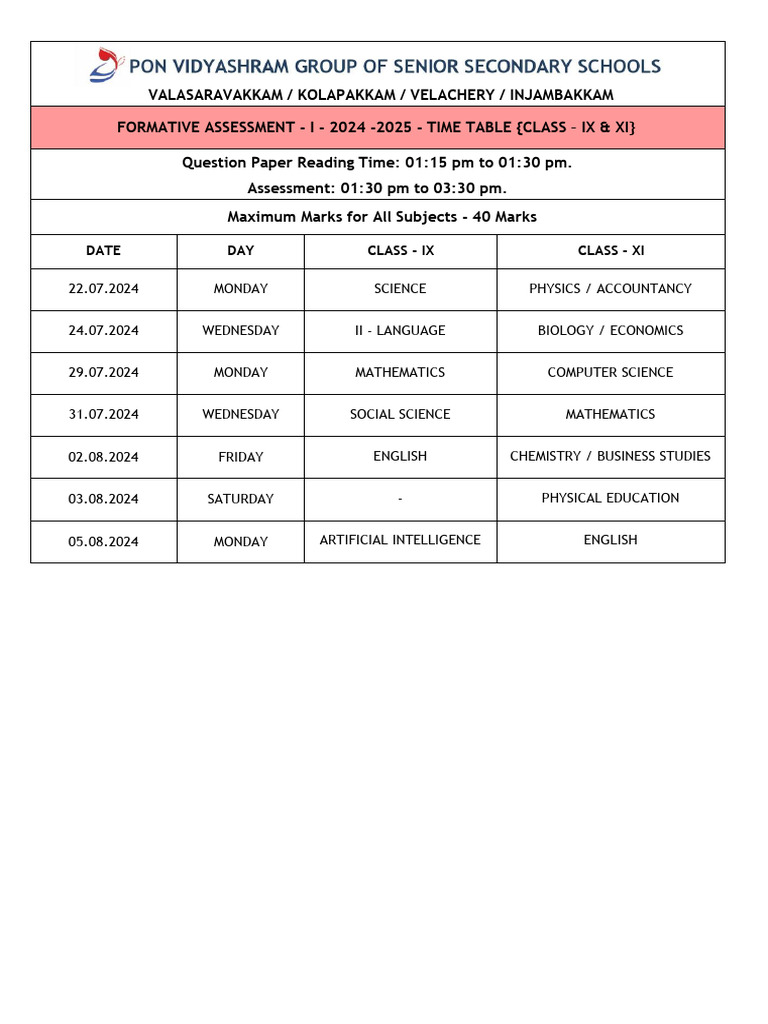 Classes - IX & XI Time Table | PDF