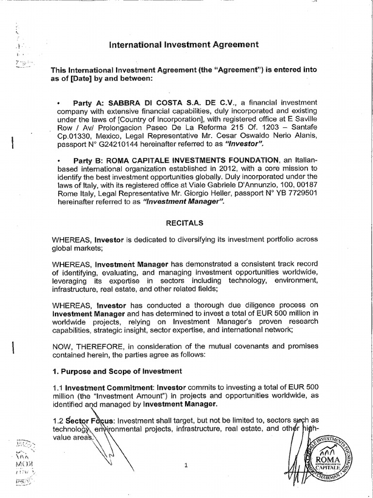 Investment Agreement Rcif - Sabbra Di Costa S.A | PDF