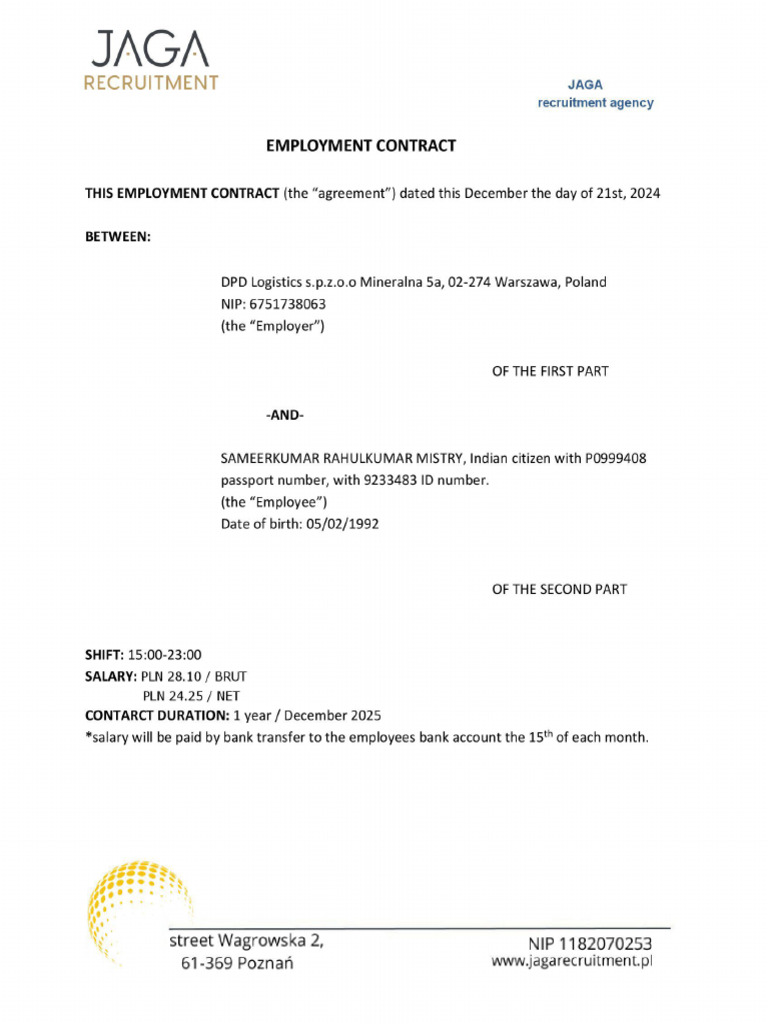 SAMEERKUMAR RAHULKUMAR MISTRY employment contract | PDF