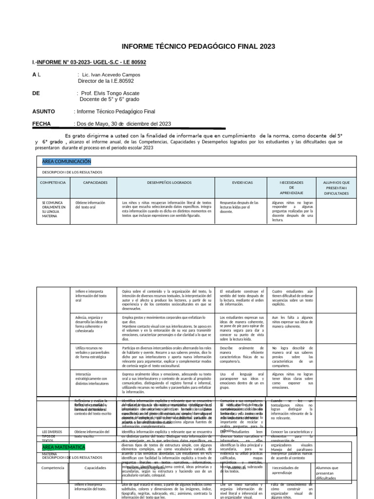 1 INFORME TECNICO PEDAGOGICO 2023 | PDF | Geometría | Aprendizaje