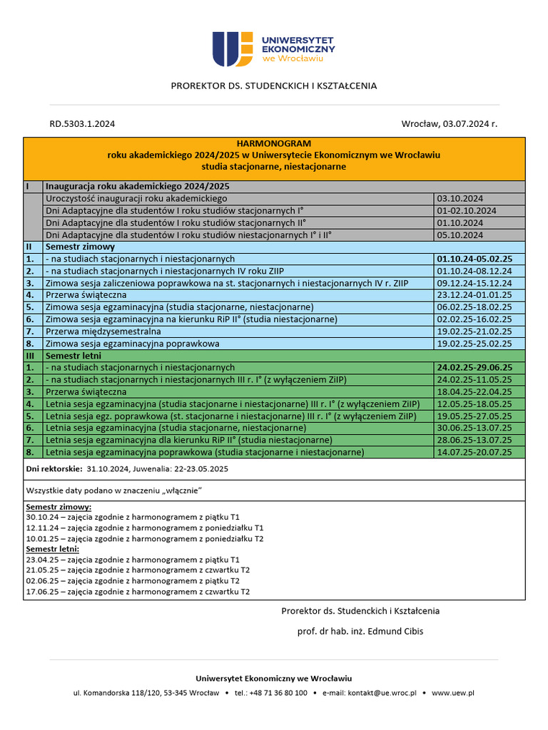 Harmonogram Roku Akademickiego 2024 - 2025 Korekta 03.07.24 | PDF