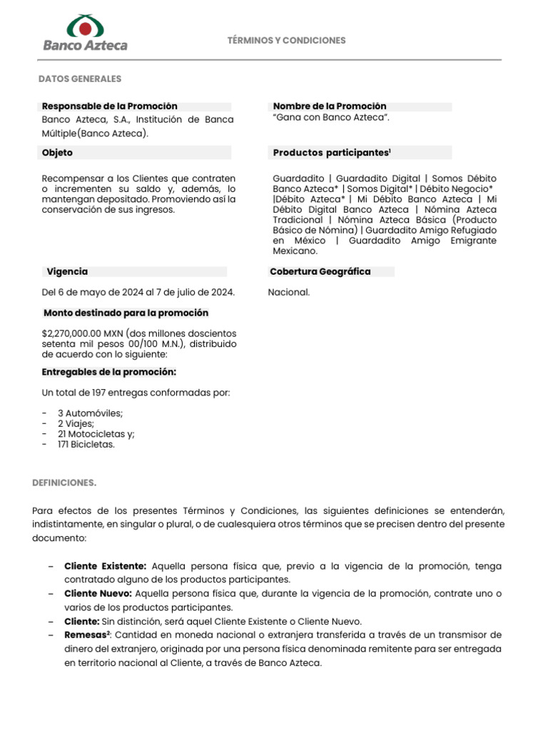 Gana Con Banco Azteca Terminos y Condiciones | PDF | Bancos | Tarjeta de débito