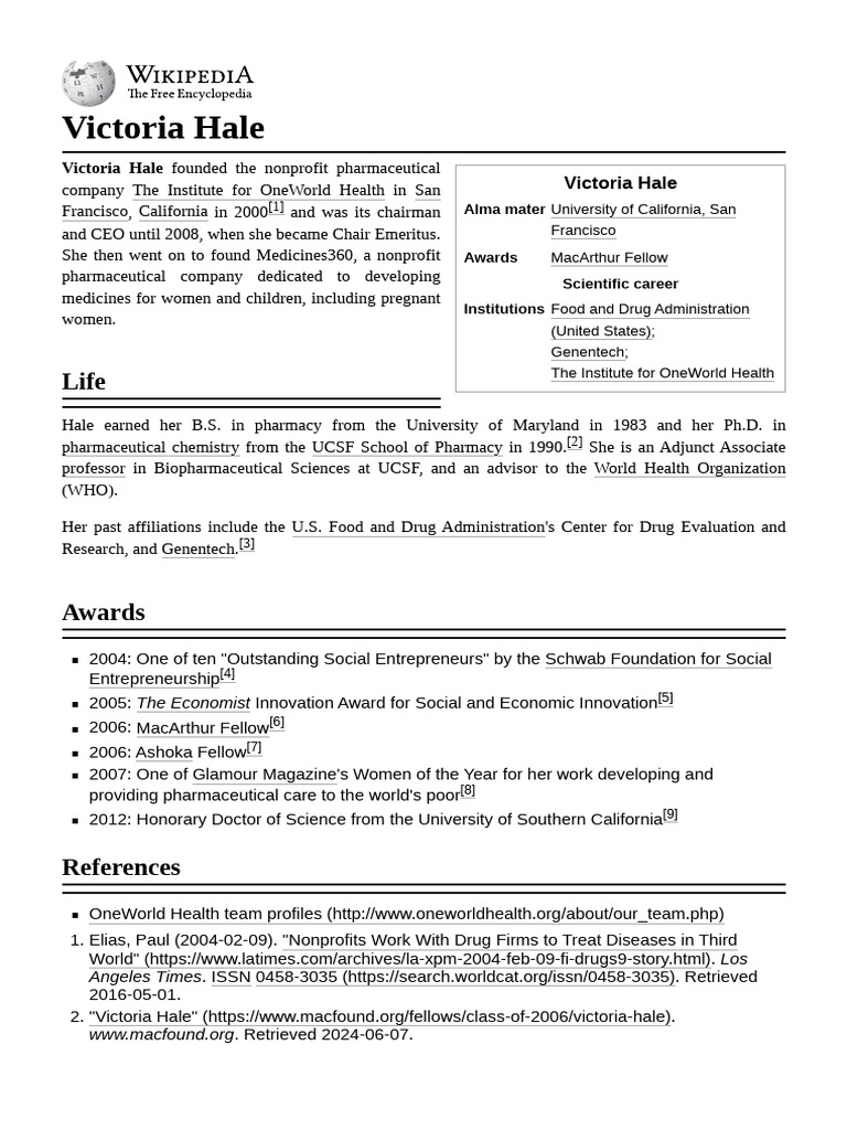 Victoria_Hale | PDF | Pharmaceutical Sciences | Health Care