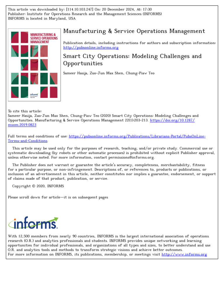 Hasija Et Al 2020 Smart City Operations Modeling Challenges and Opportunities | PDF | Internet ...