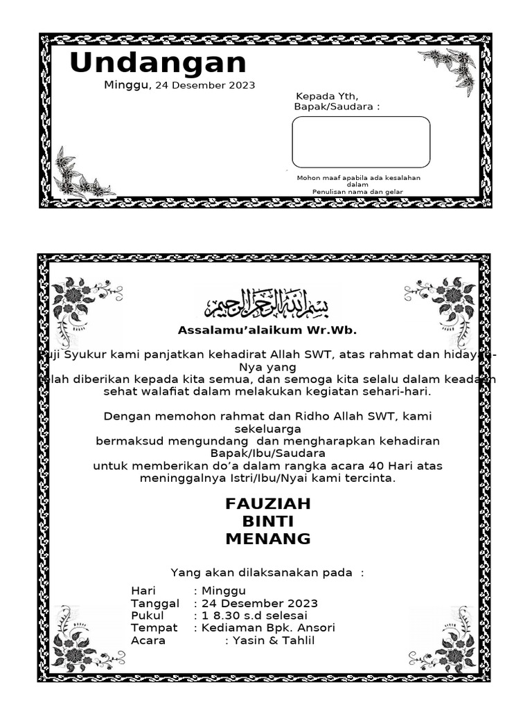 Undangan Yasin & Tahlil 40 Hari Fauziah | PDF