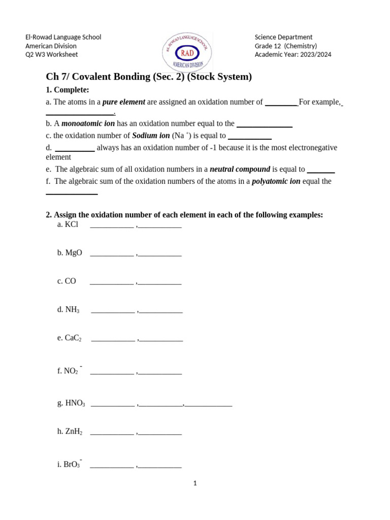 CH 7 (Cont.) (Sec 2) (Stock System) Worksheet | PDF | Oxide | Chemical ...