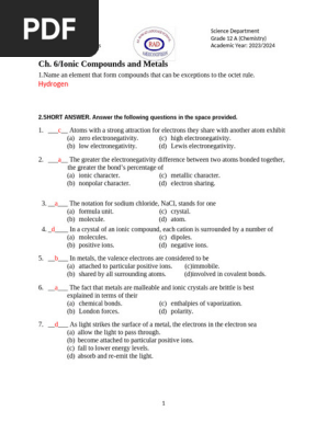 Chapter 6 Section 1 Chemical Bonding Worksheet Answers Bonding