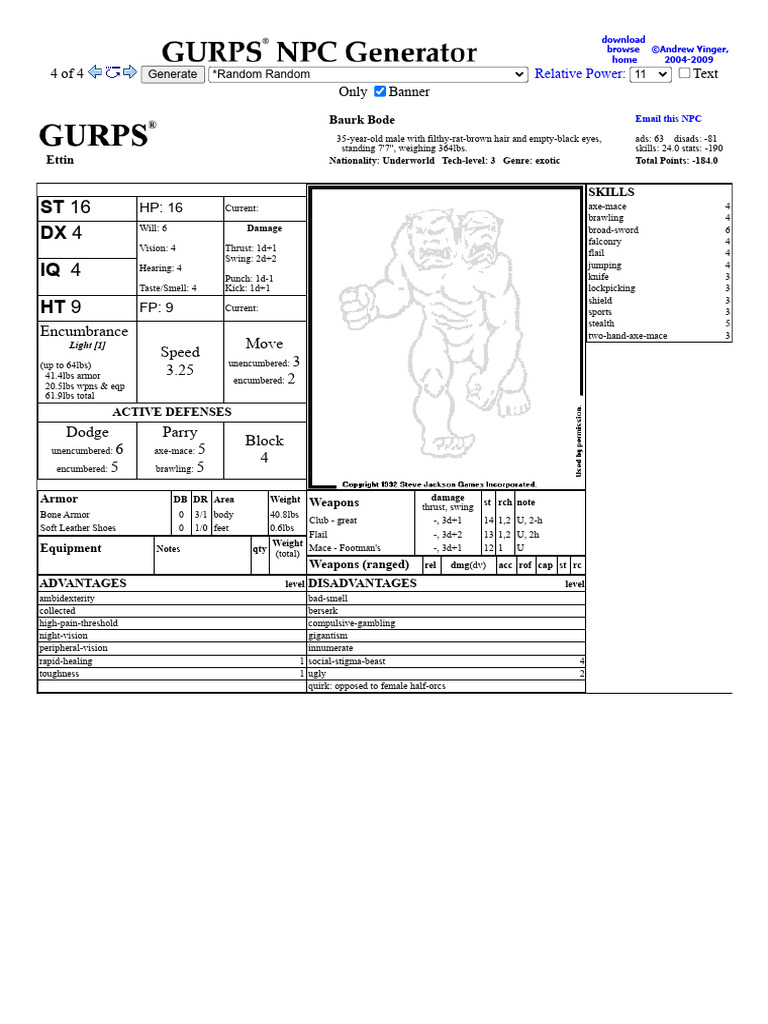 GURPS NPC Generator - Online Version | PDF | Role Playing Games
