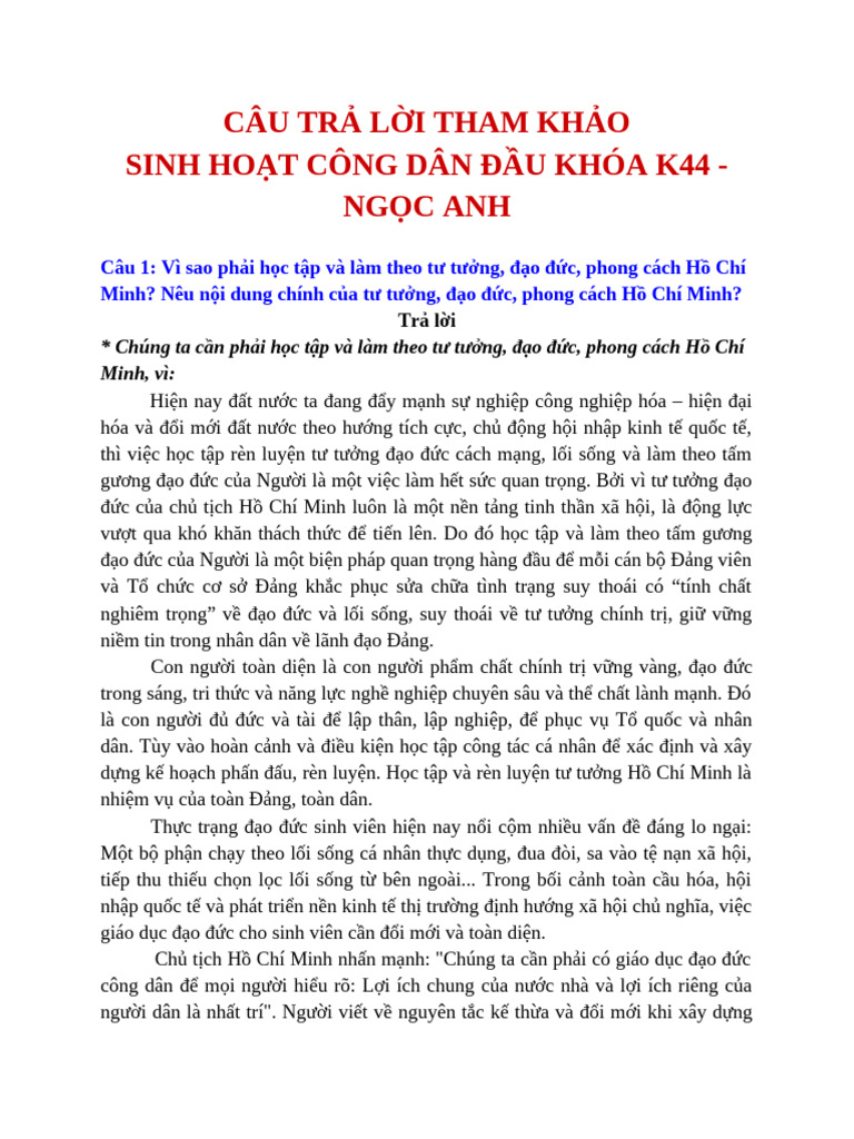 Ngọc Anh - Câu Trả Lời Tham Khảo SHCD | PDF