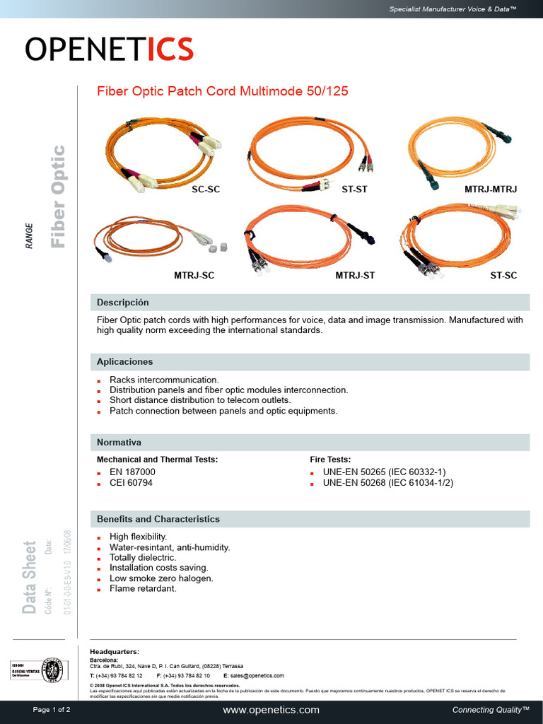 OPENETICS Fibre Optic Patch Cord Multimode 50-125 4920 Datasheet | PDF