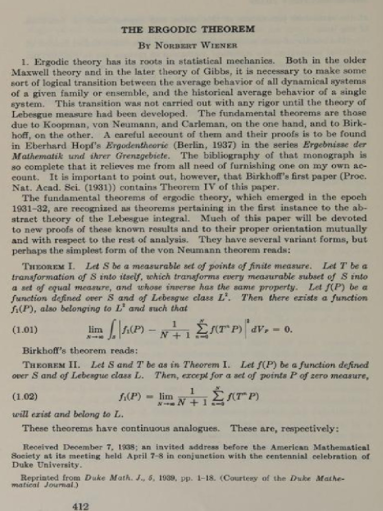15 The ergodic theorem (Selected Papers of Norbert Wiener) | PDF