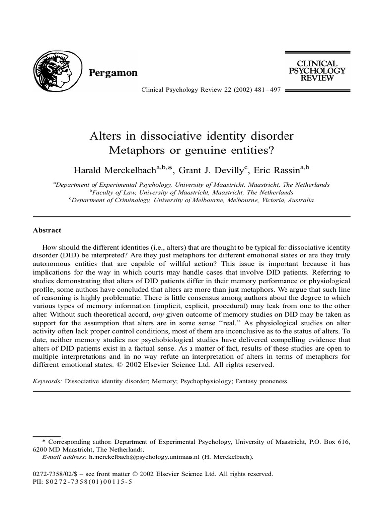 Alters in Dissociative Identity Disorder - Merckelbach2002 | PDF ...