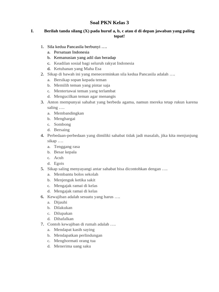Bank Soal PKN Kelas 3 New | PDF