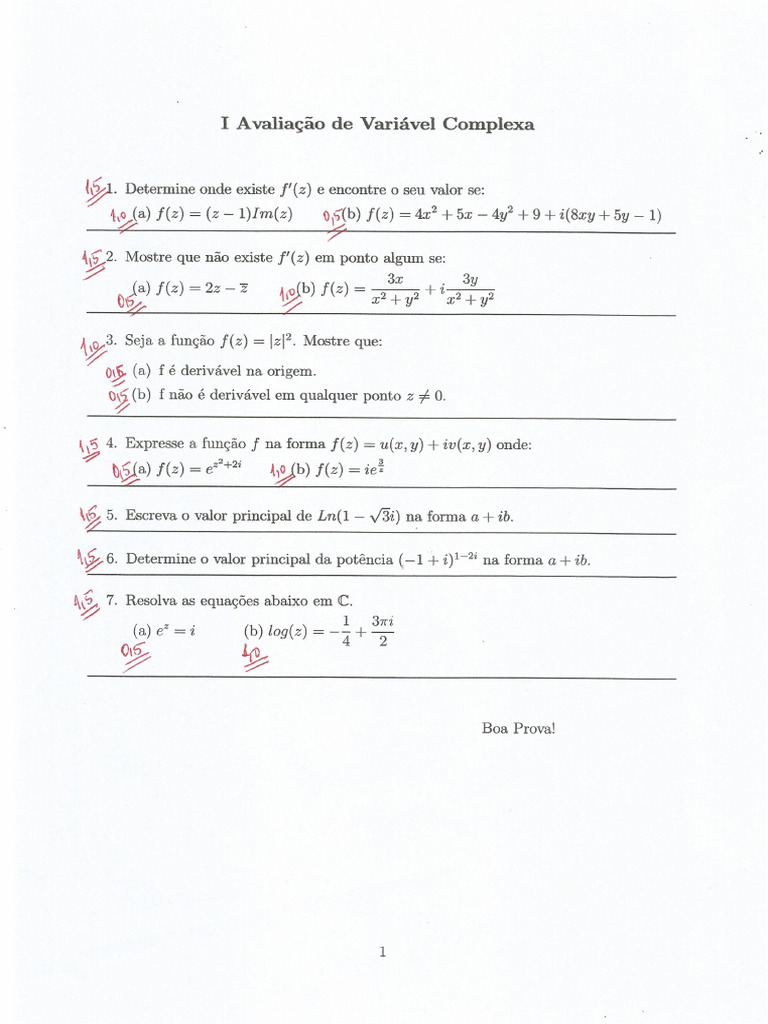 Gabarito ProvaI Variável Complexa | PDF