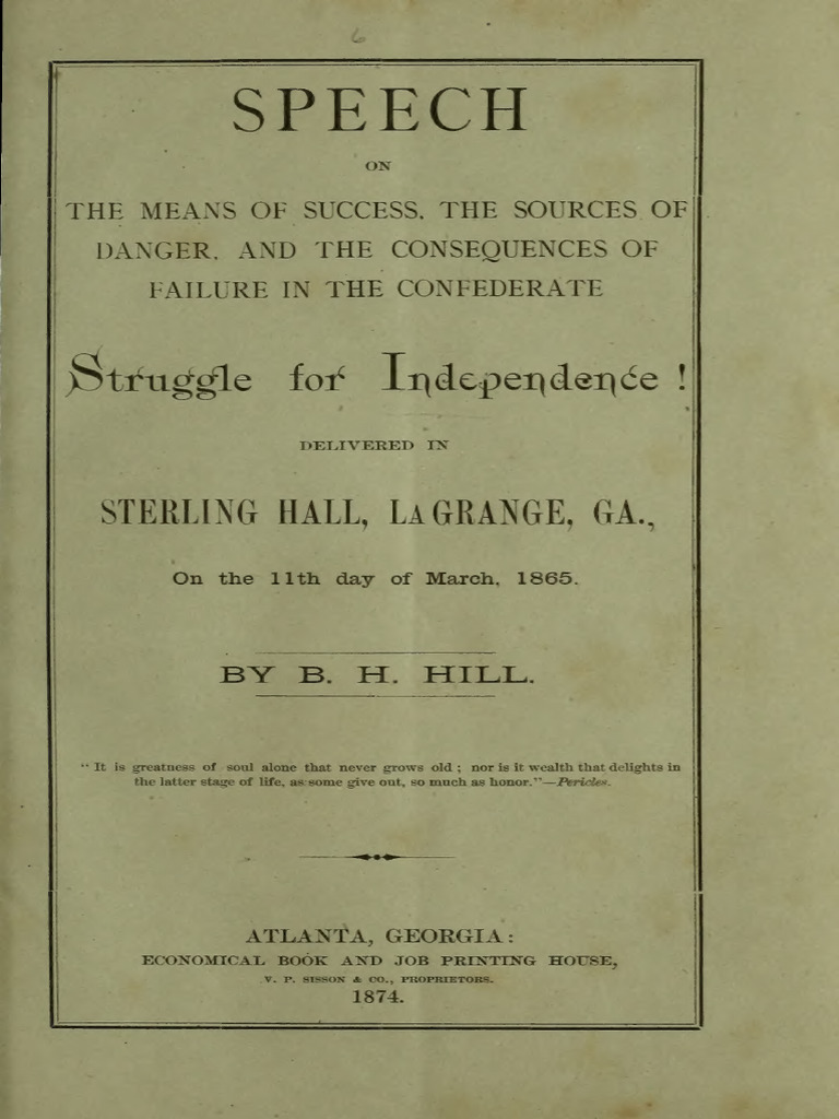 Speech By Confederate Senator Benjamin Harvey Hill 1865 Pdf