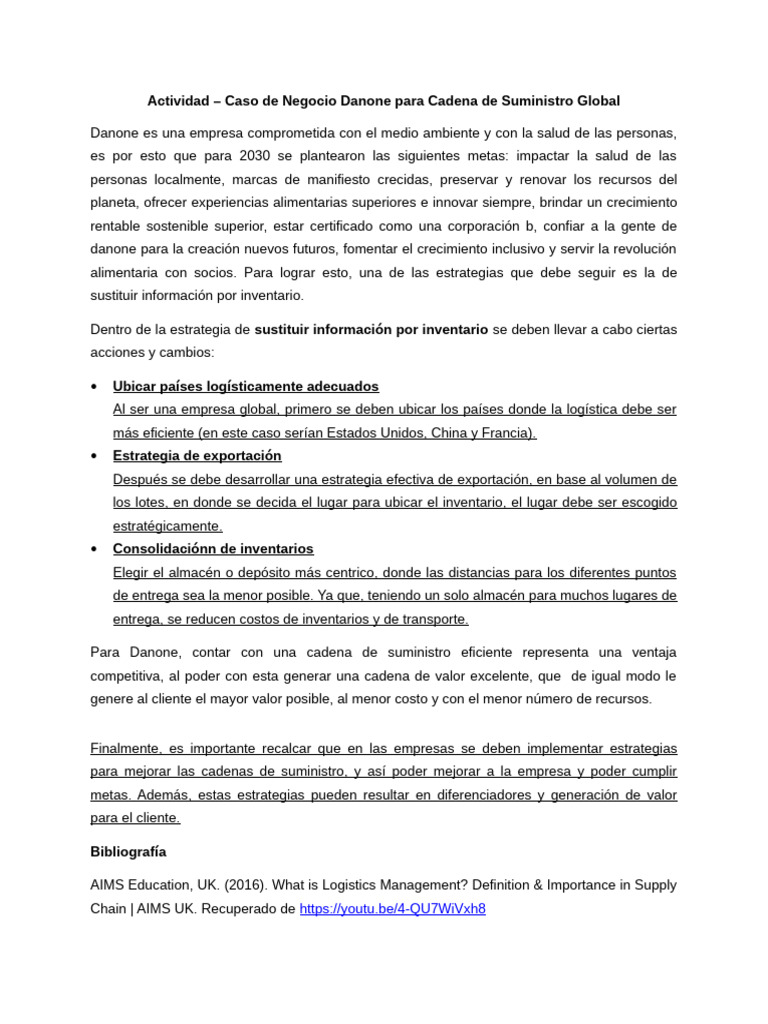 Actividad Caso de Negocio Danone para Cadena de Suministro Global | PDF