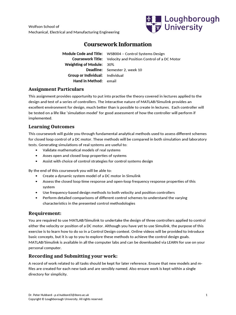 WSB004 Coursework 2 Info Sheet - Motor Position Control V1.1 | PDF ...
