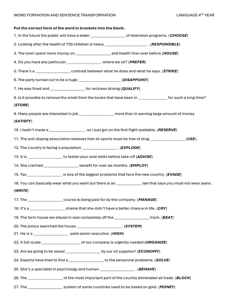 Word Formation and Sentence Transf LG 4th 2 | PDF