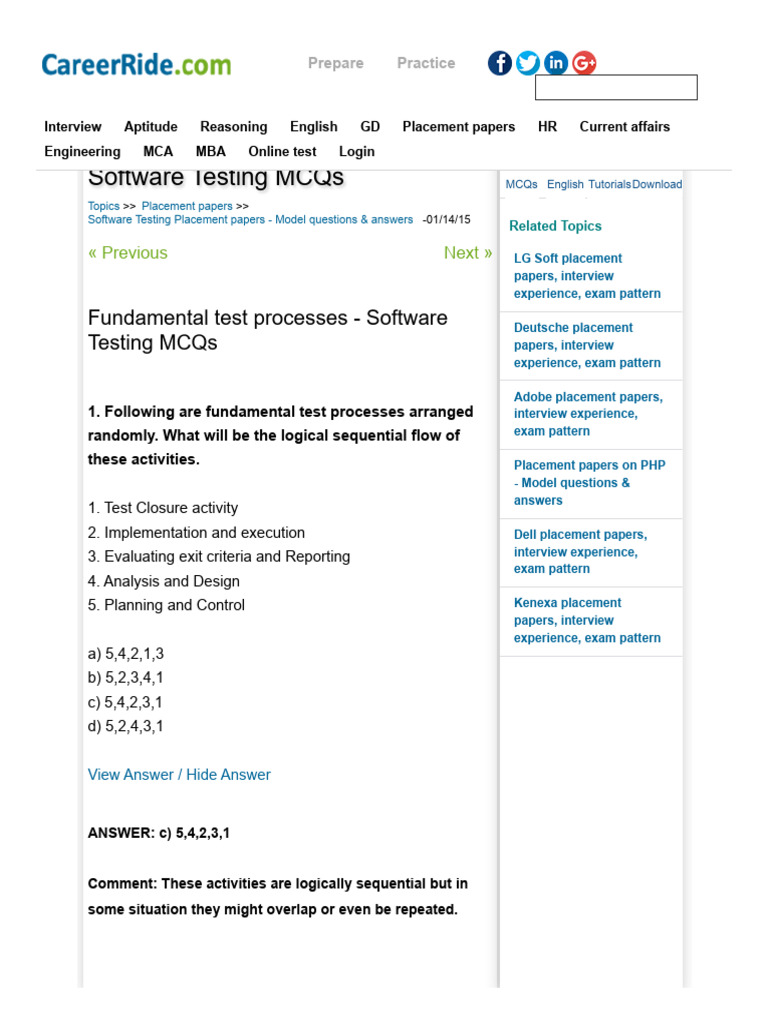 Fundamental test processes - Software Testing MCQs | PDF