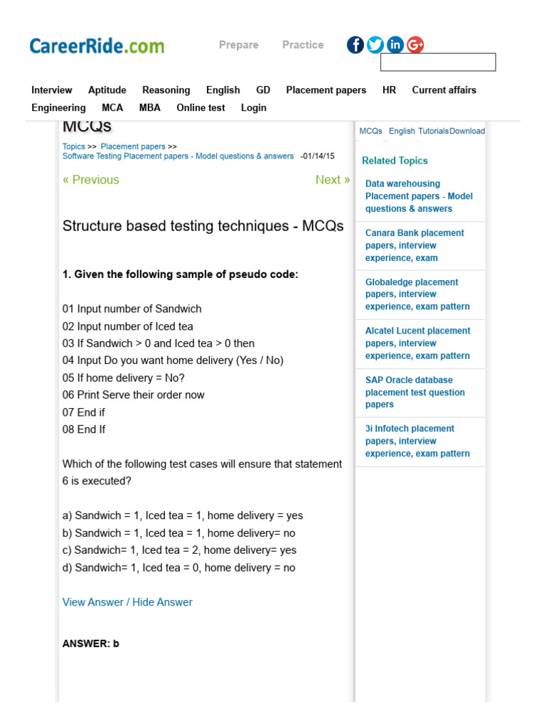 Structure based testing techniques - MCQs | PDF | Multiple Choice ...