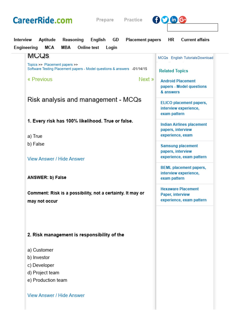 Risk Analysis and Management - MCQs | PDF | Risk | Multiple Choice