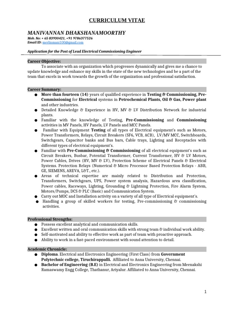 Mani Commissioning Engineer Aug 2024 | PDF | Transformer | Electrical ...