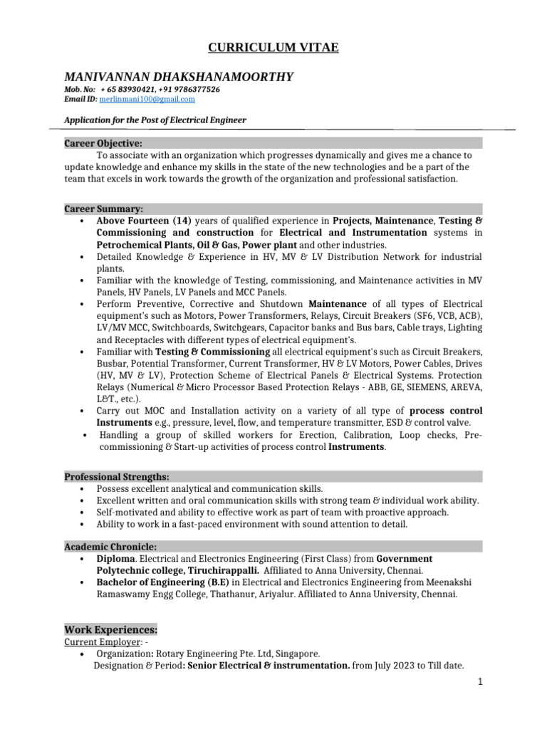 Electrical Engineer CV - Manivannan Dhakshanamoorthy | PDF ...