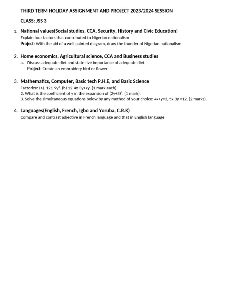 JSS 3 Holiday Assignment 2023/2024 | PDF
