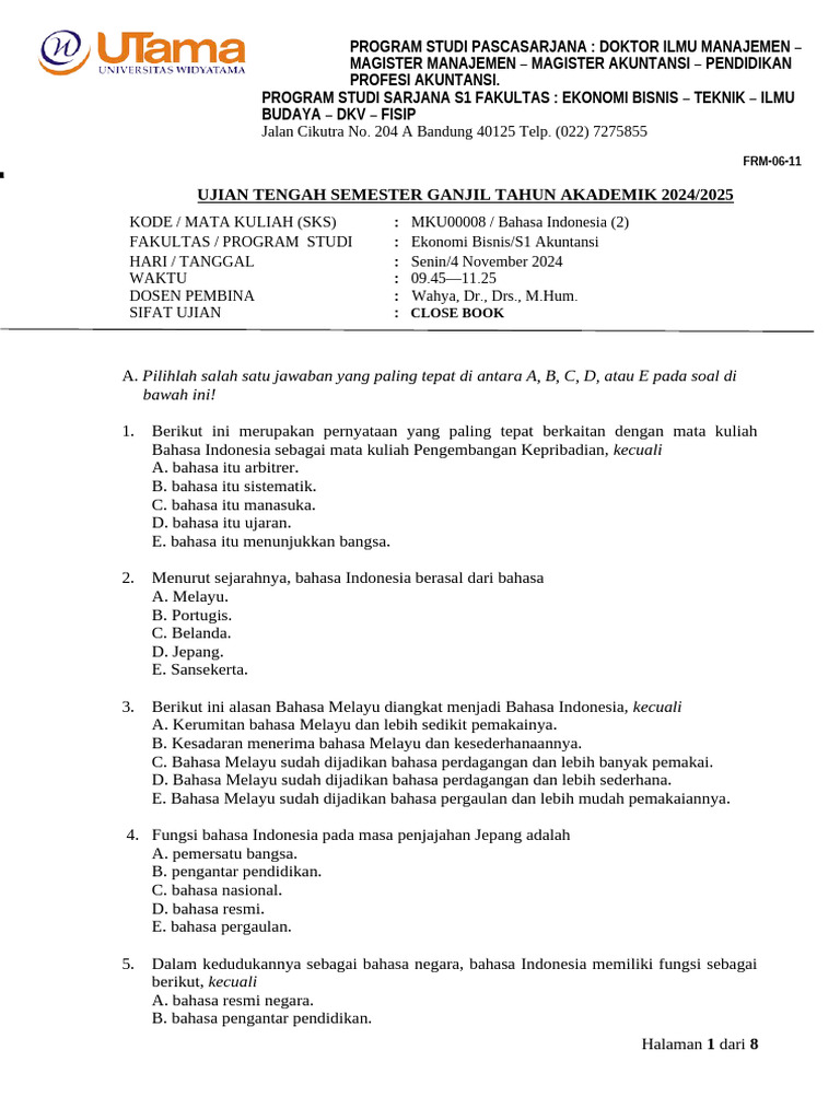 Soal UTS Bi S1 Akuntansi Utama Kelas D Ganjil 2024-2025 | PDF