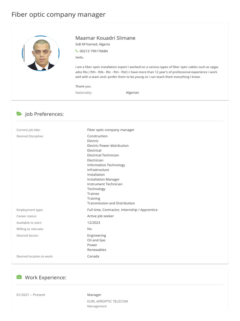 Fiber Optic Company Manager Profile | PDF | Fiber To The X | Fiber ...