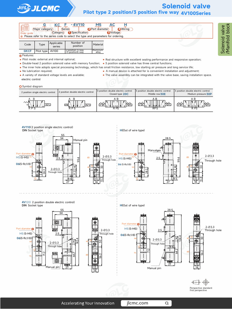 Solenoid Valve Pilot Type 2 Position/3 Position Five Way 4V100Series ...