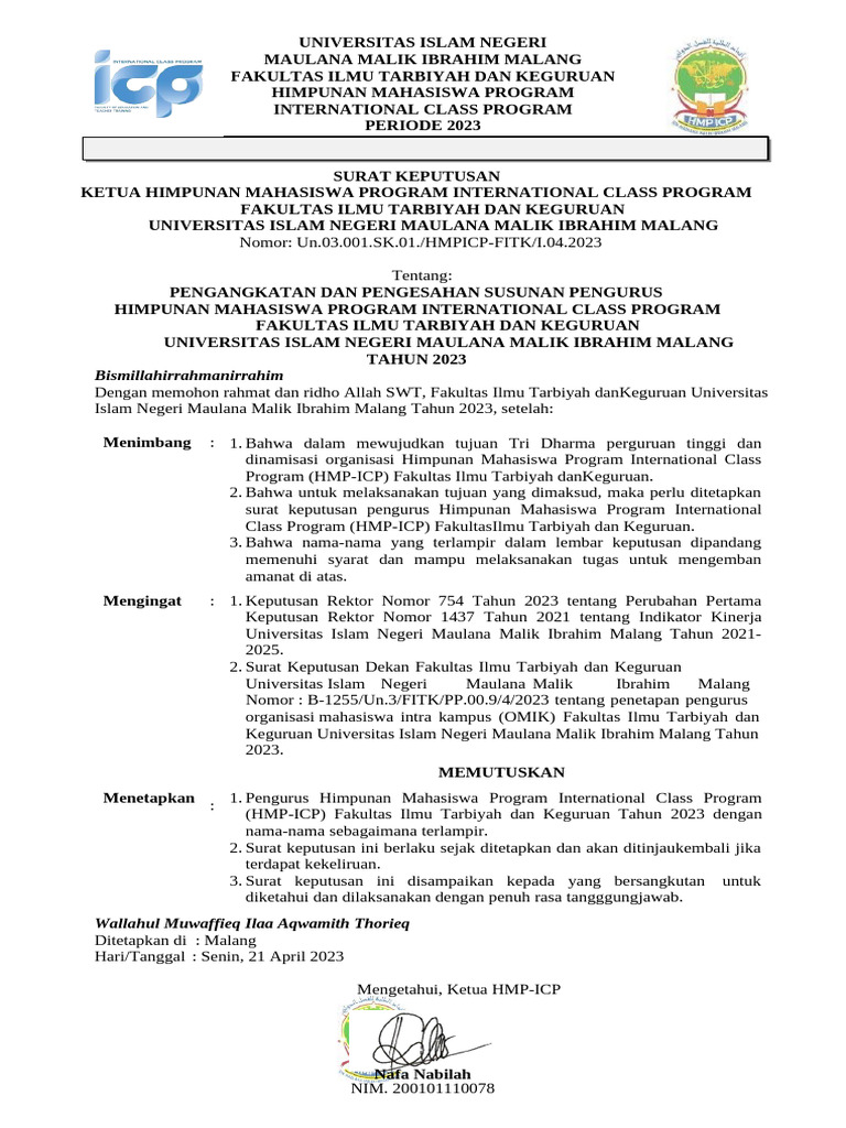 SK Kepengurusan HMP ICP | PDF