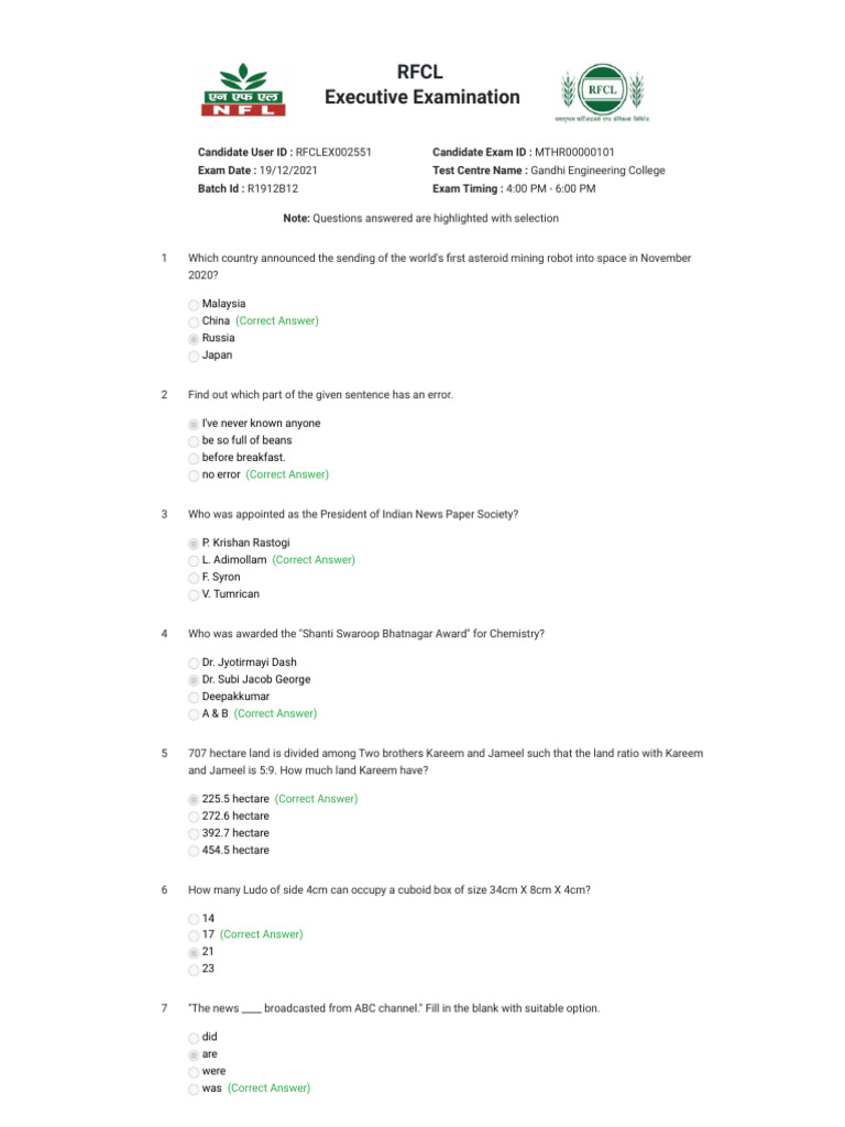 RFCL Executive Exam Results and Questions | PDF | Employment | Recruitment