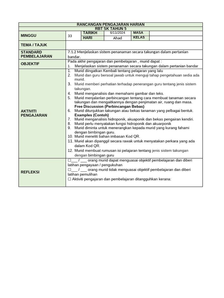 RPH Ringkas Minggu 33 RBT THN 5 2024 by Cikgu Gorgeous | PDF