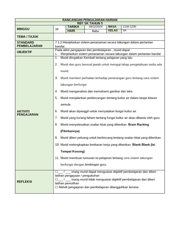 RPH Ringkas Minggu 35 RBT THN 5 2024 by Cikgu Gorgeous | PDF