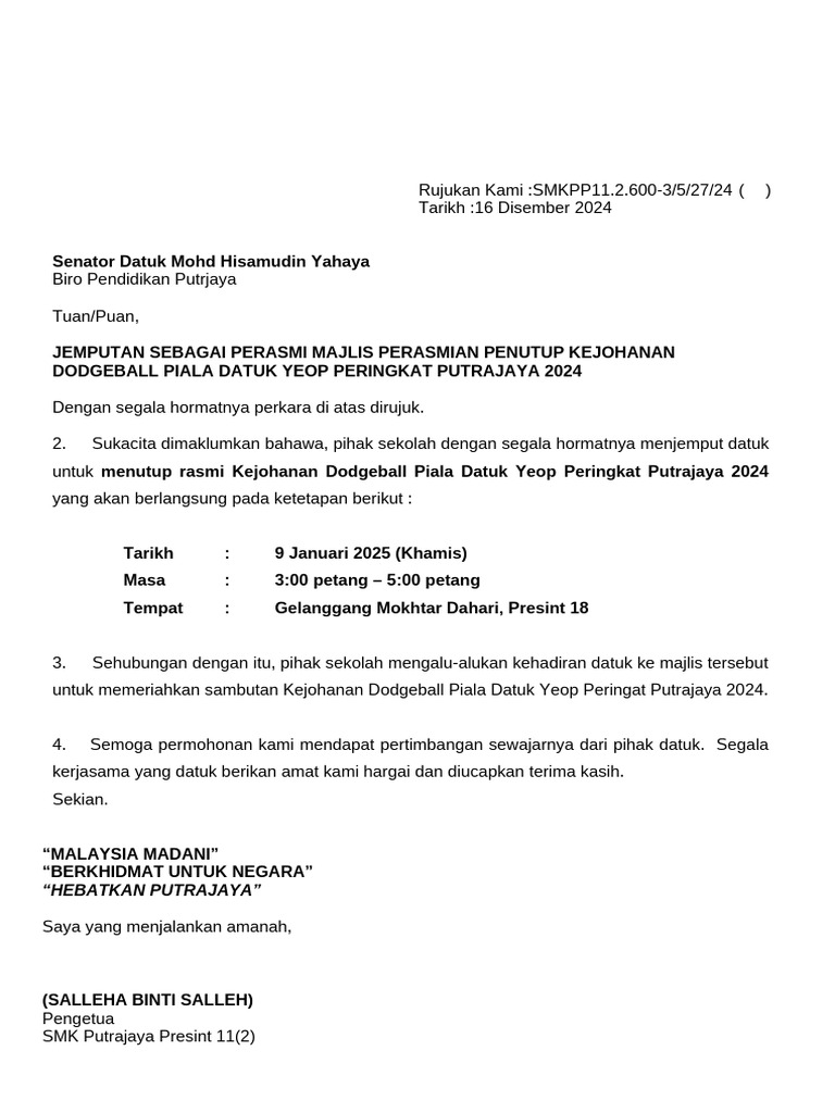Surat Jemputan Perasmi Kejohanan | PDF