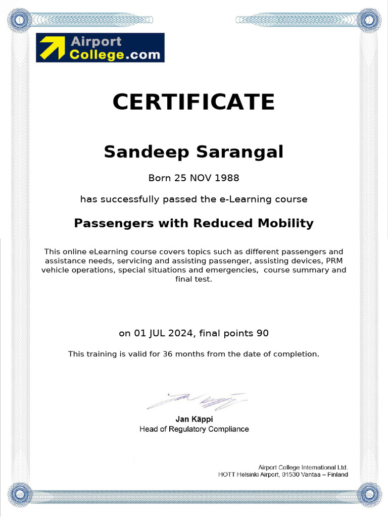 Certificate Passengers with Reduced Mobility (en) | PDF