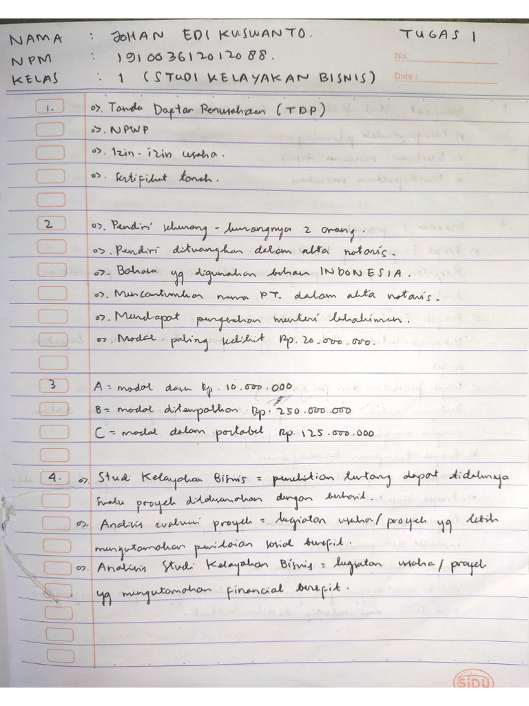 Tugas 1 Studi Kelayakan Bisnis-Johan Edi Kuswanto-191003612012088 | PDF