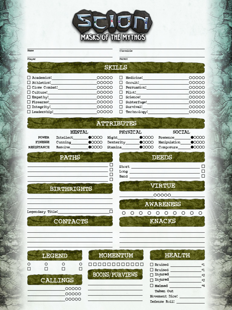 Scion Masks of Mythos Hero Sheet Interactive | PDF