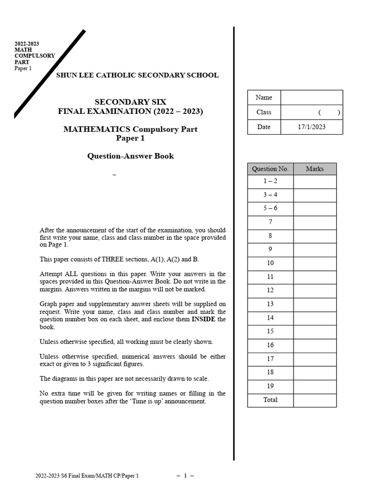 2022-2023 Shun Lee Catholic Secondary School Paper1 | PDF | Cartesian ...