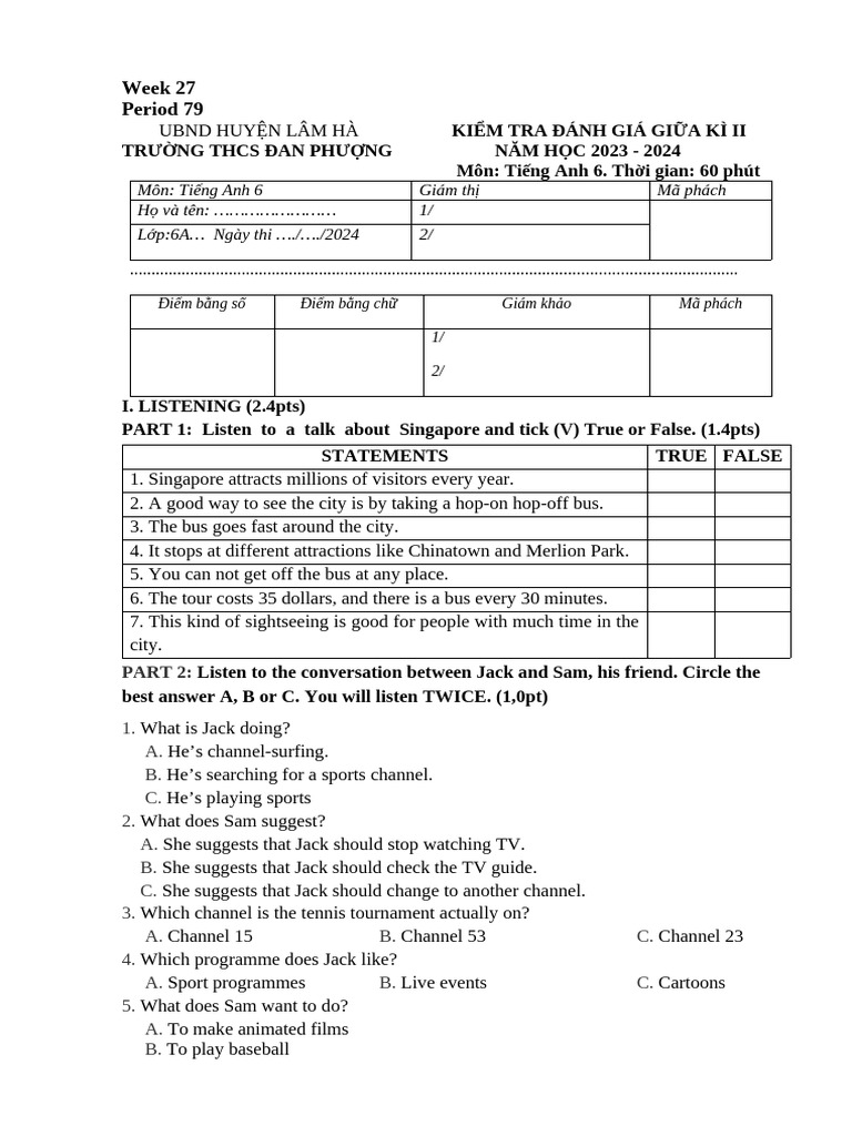 ĐỀ THI ANH 6 GIỮA HKII | PDF