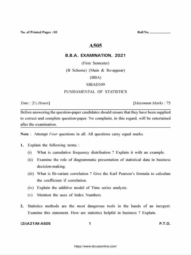 Bba 1 Sem Fundamental of Statistics A505 2021 | PDF