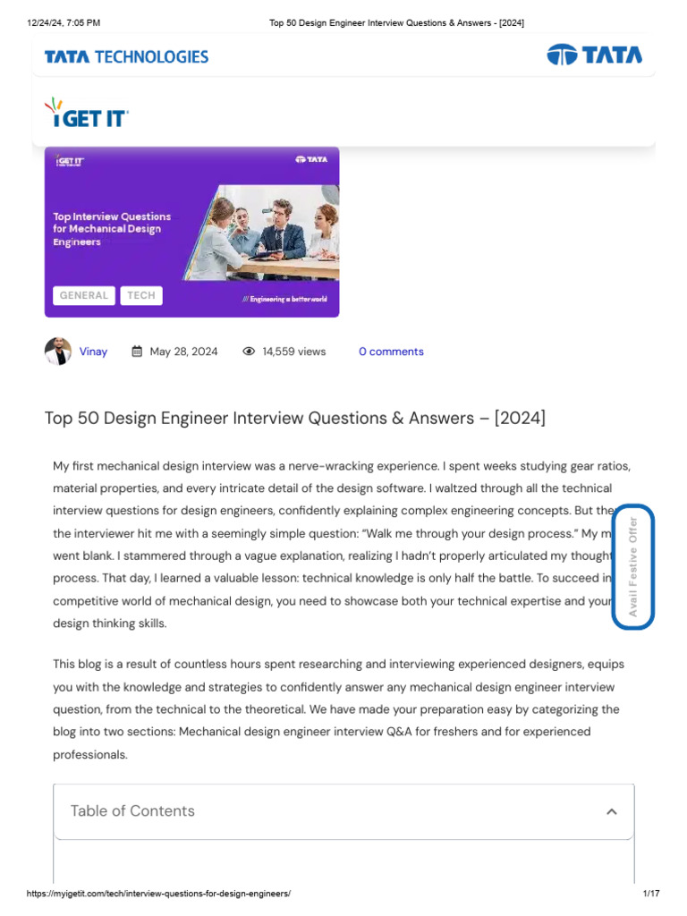 Top 50 Design Engineer Interview Questions & Answers - [2024] | PDF | Reliability Engineering ...