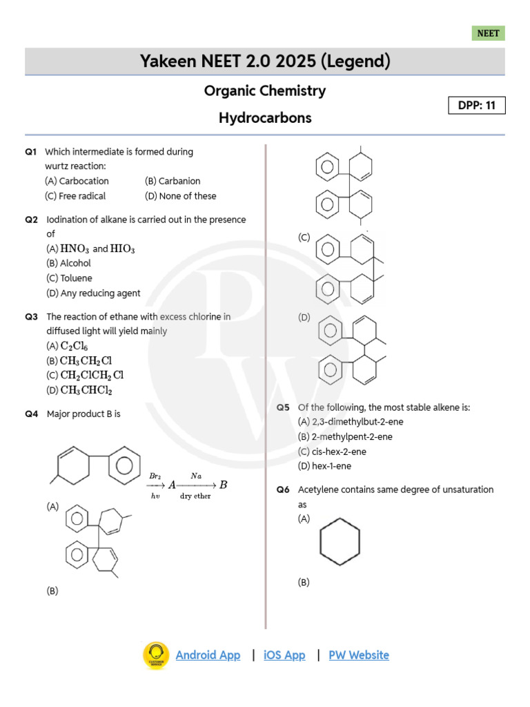 Hydrocarbons DPP 11 Yakeen NEET 2.0 2025 (Legend) | PDF | Hydrocarbons | Organic Compounds
