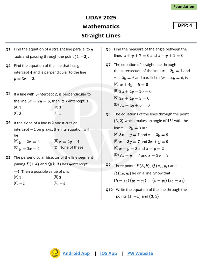 Straight Lines DPP 04 Uday 20256735a04a7cc026a1b0cdc643 | PDF | Line (Geometry) | Analytic Geometry