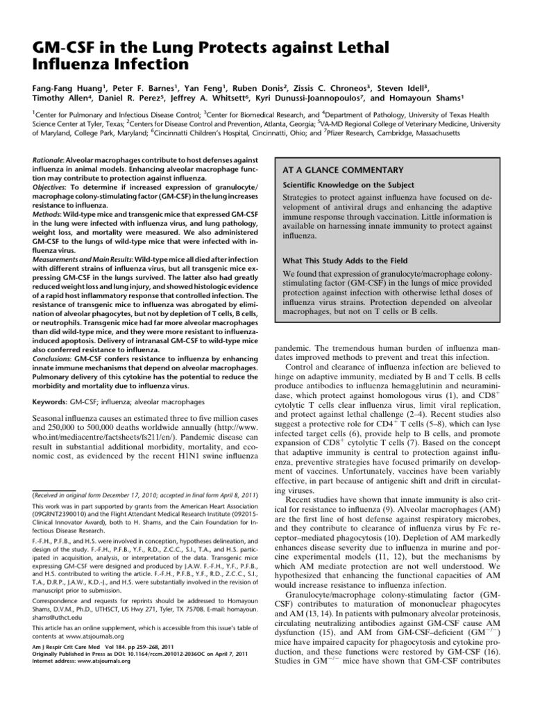 Huang Et Al 2012 GM CSF in The Lung Protects Against Lethal Influenza ...