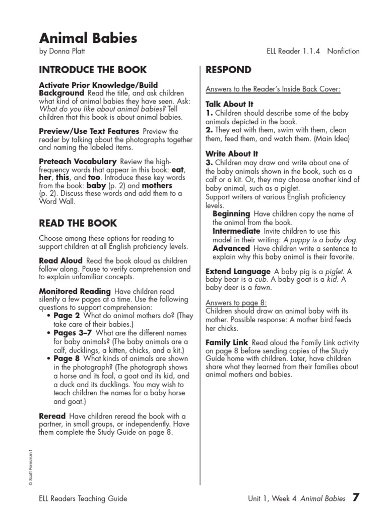 Animal Babies (Nonfiction)_Teacher's Guide | PDF | Reading ...