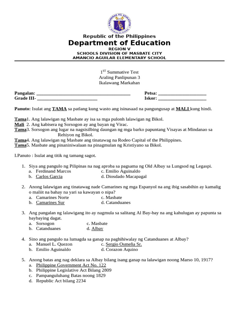 1ST Summative Test AP | PDF