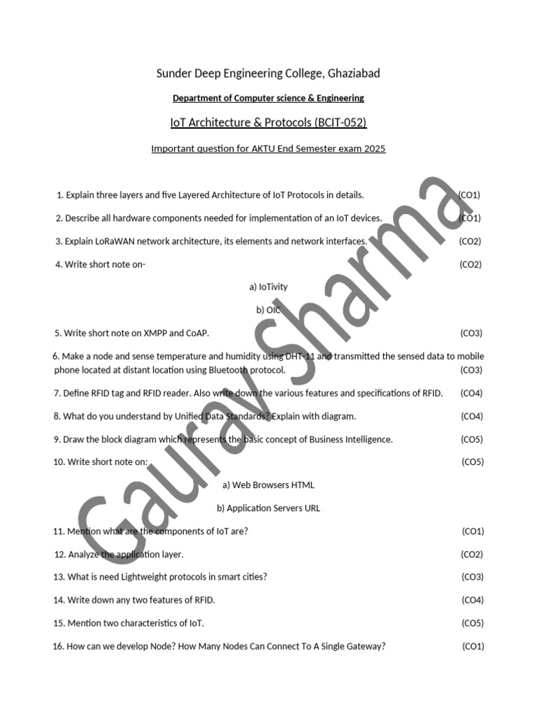 IoT ARC & Protocols Imp Questions | PDF | Internet Of Things | Service Industries